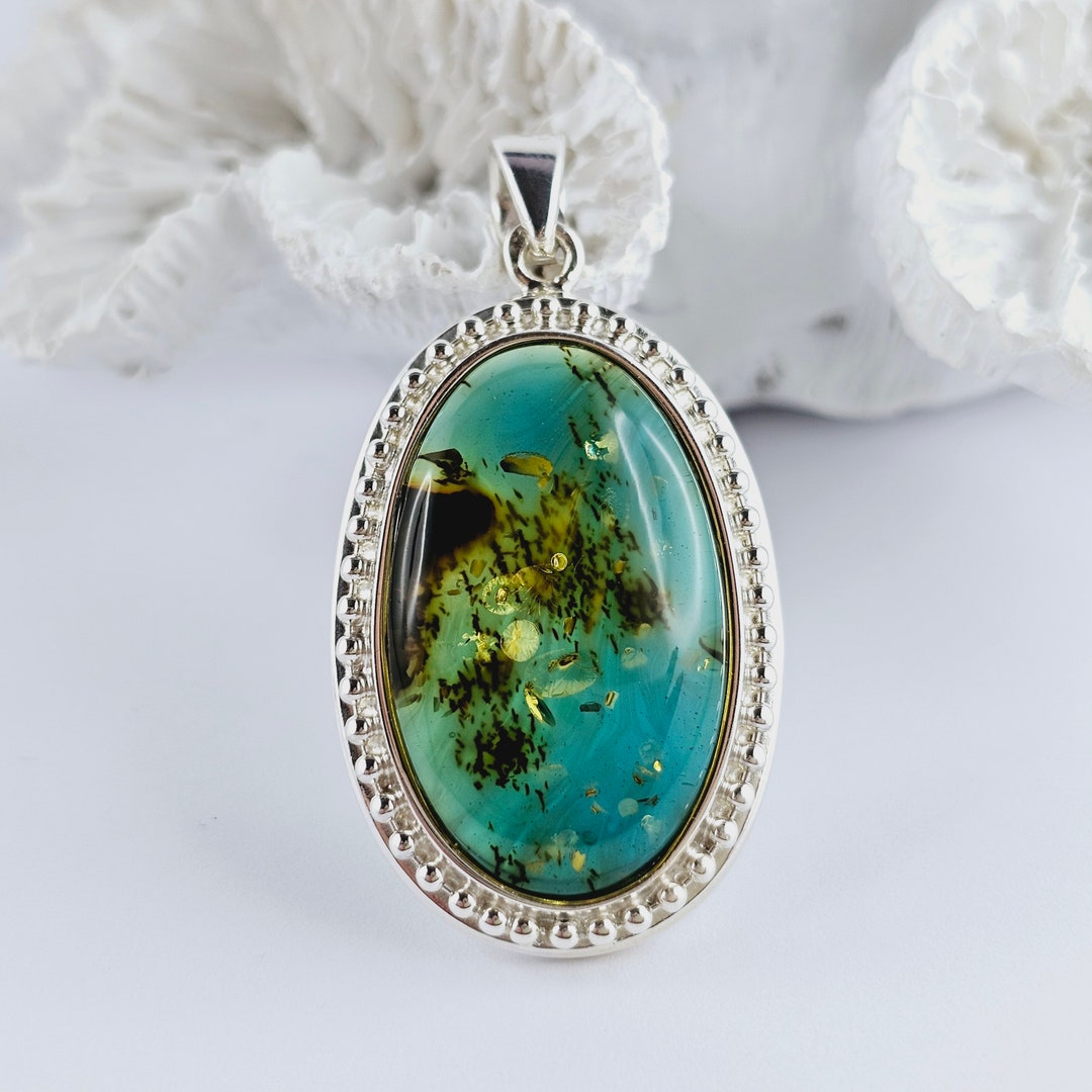 Extraordinary Shiny Turquoise Amber Pendant, Natural Baltic Amber and ...