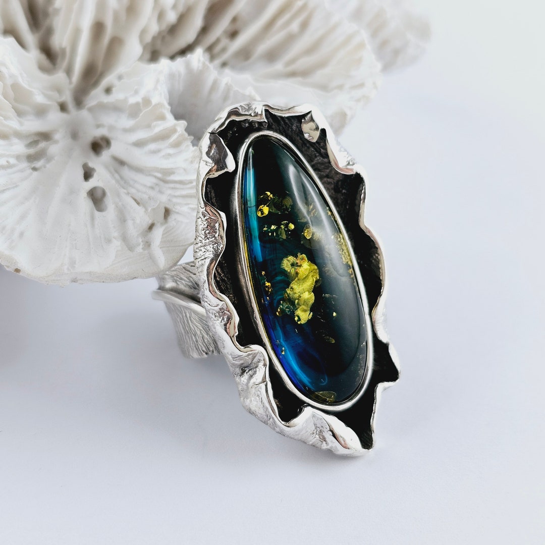 Incredible Huge Blue Amber, Natural Baltic Amber Ring, Unique Amber ...