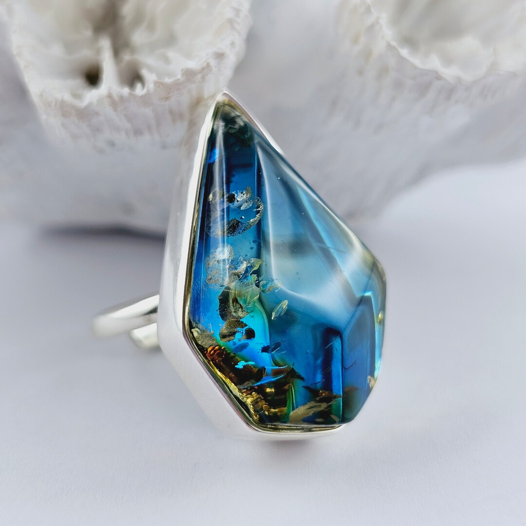 Extraordinary Huge Blue Amber, Natural Baltic Amber Ring, Unique Amber ...