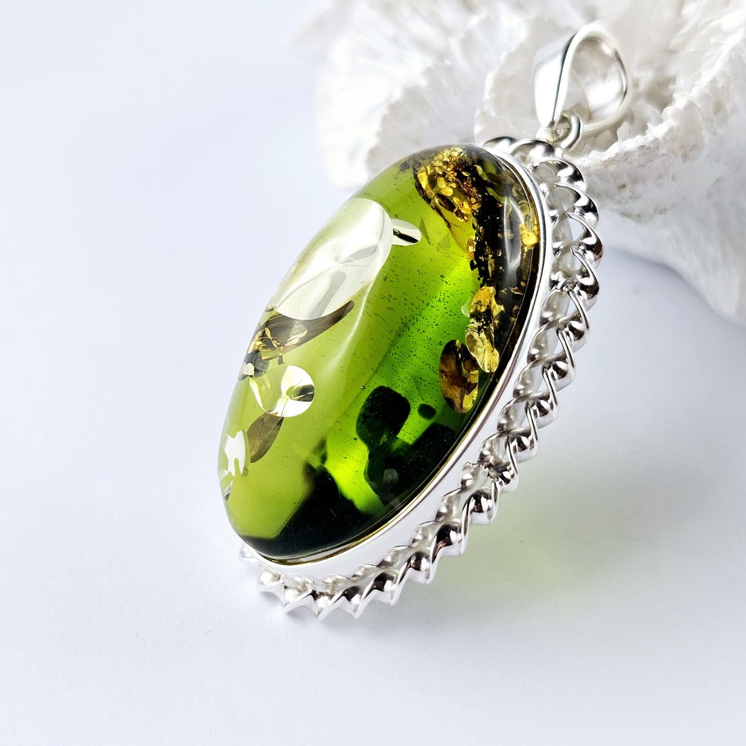 Amazing Green Amber Pendant, Natural Baltic Amber and Silver, Genuine ...