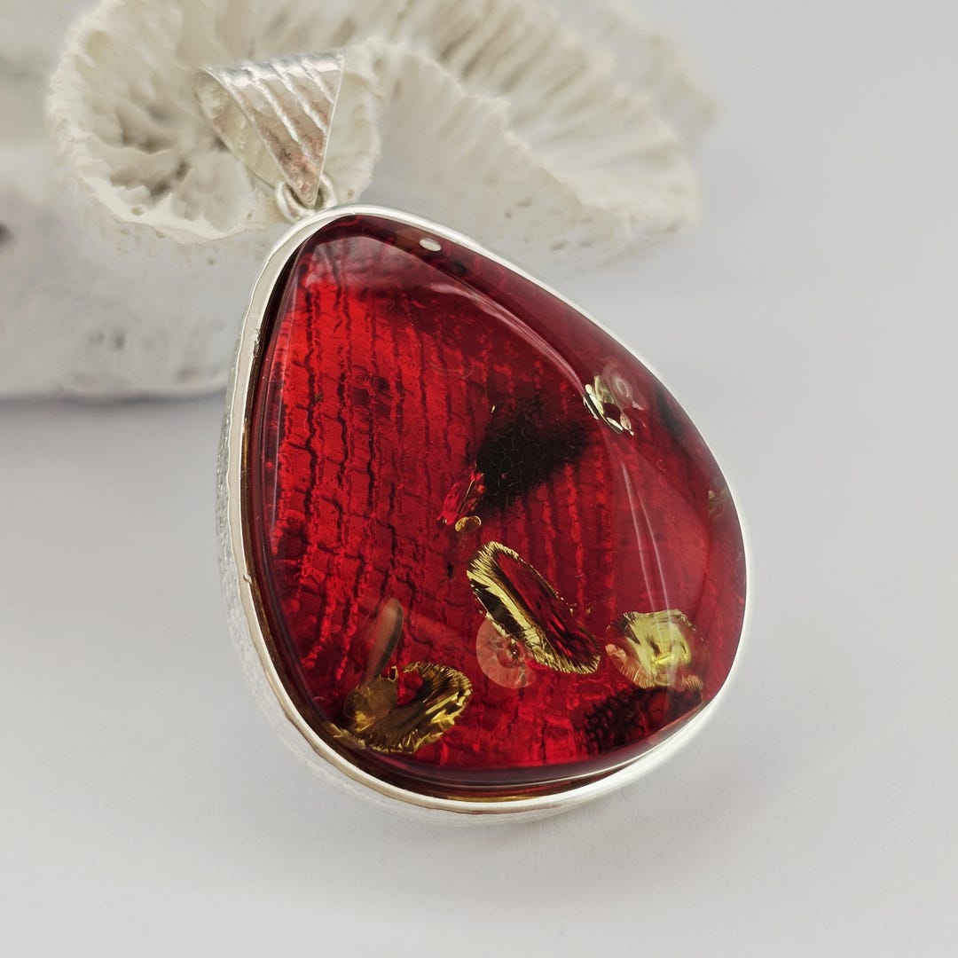 Red Baltic Amber Sterling Silver Pendant, Handmade Jewelry, 925 Silver ...
