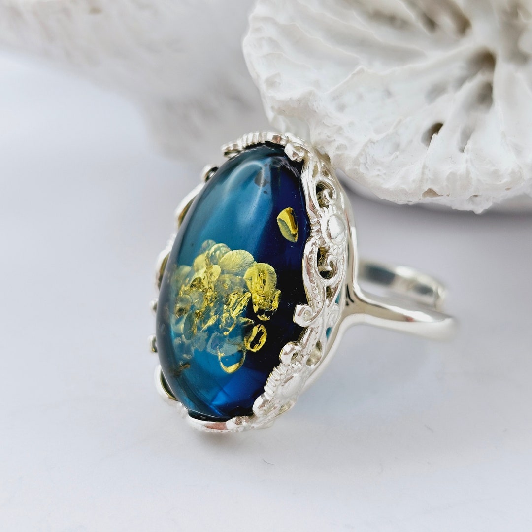 Majestic Sapphire Blue Amber, Natural Baltic Amber Ring, Unique Amber ...
