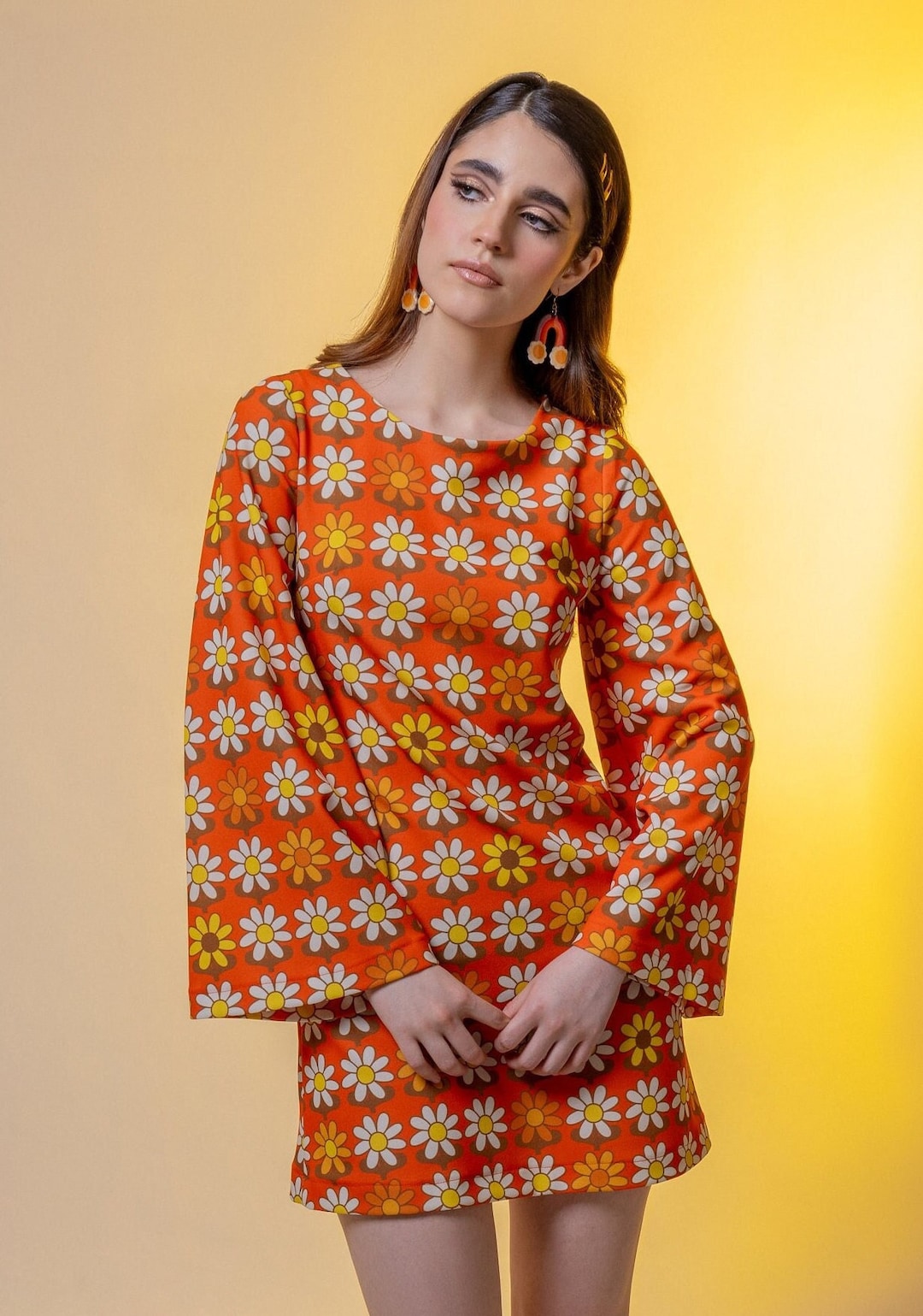 Retro Mini Dress Flared Sleeve Mini Dress Orange Mini Dress Vintage Style Mini Dress The