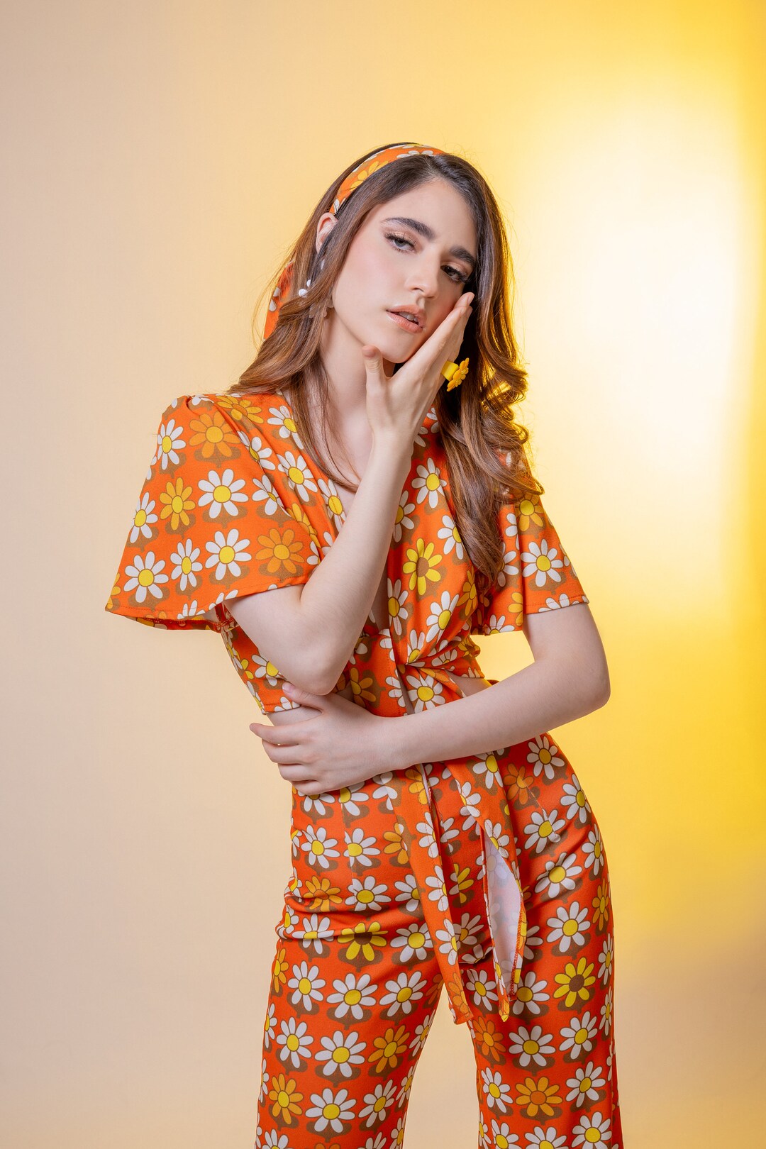 Daisies Print Wrap Top. Orange Wrap Top. Retro Wrap Top. - Etsy