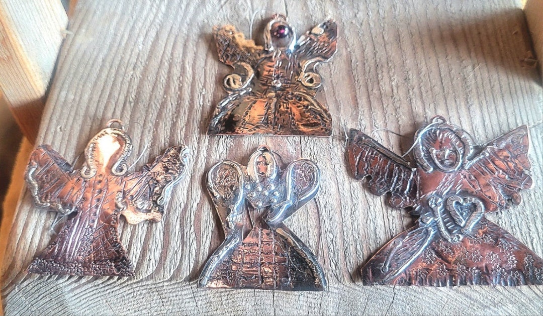 4 Hand Made Metal Christmas Angels Tree Ornaments. Fused Silver on ...