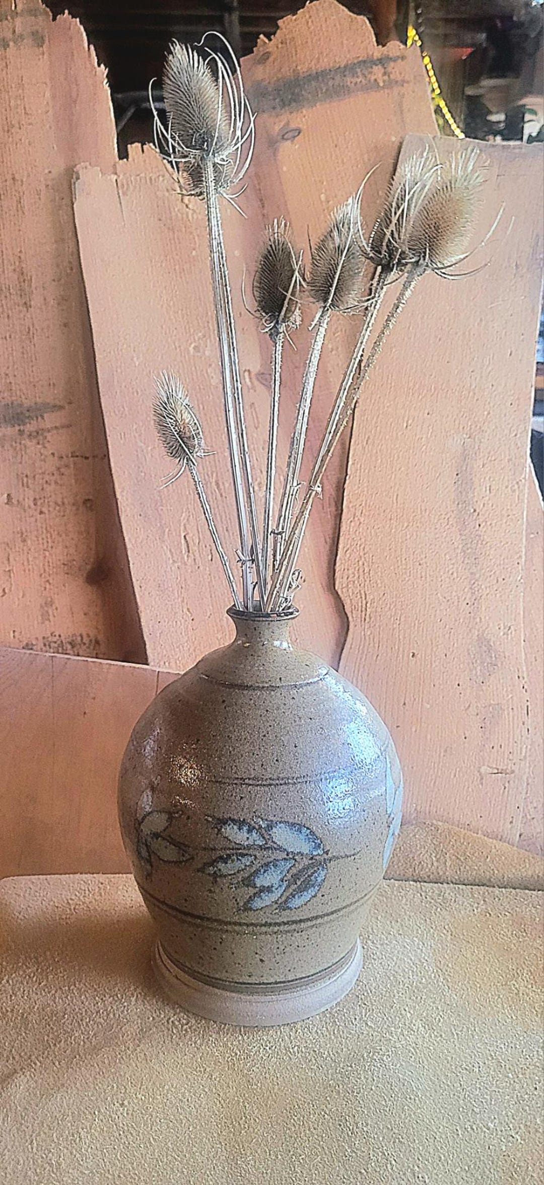 Vintage Hand Thrown Bottle/vase Earthenware. 8 Dried Wild Teasel Stalks ...