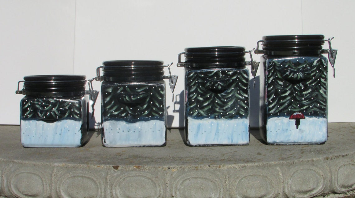 Set of 4 Hand-painted Ceramic Kitchen Canisters, Coffee, Tea, Flour or ...