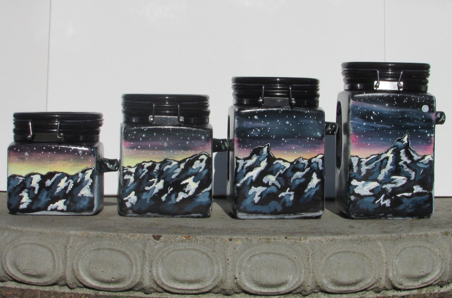 Set of 4 Hand-painted Ceramic Kitchen Canisters, Coffee, Tea, Flour or ...