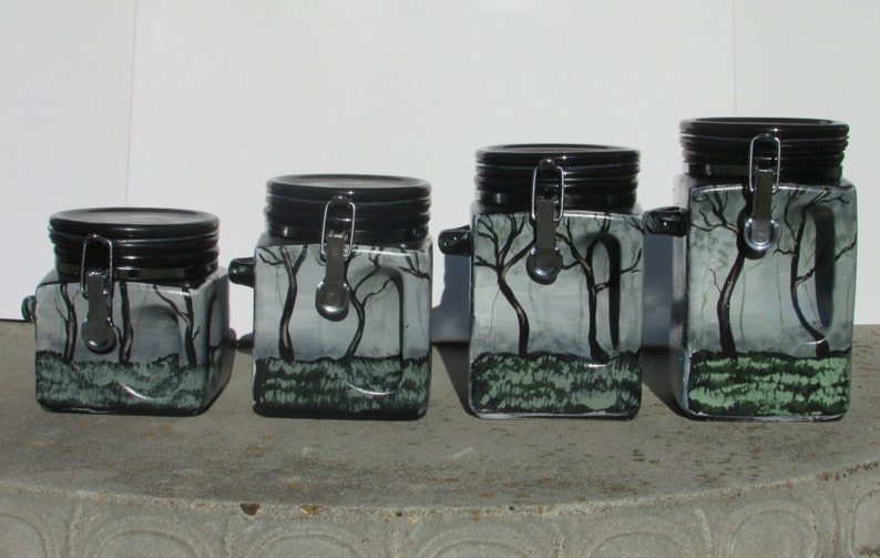 Set of 4 Hand-painted Ceramic Kitchen Canisters, Coffee, Tea, Flour or ...