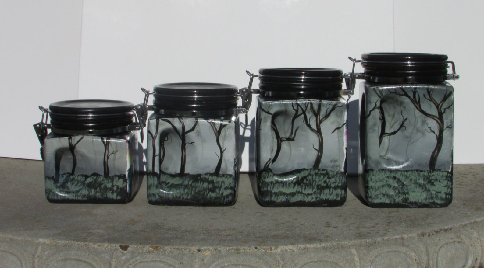 Set of 4 Hand-painted Ceramic Kitchen Canisters, Coffee, Tea, Flour or ...