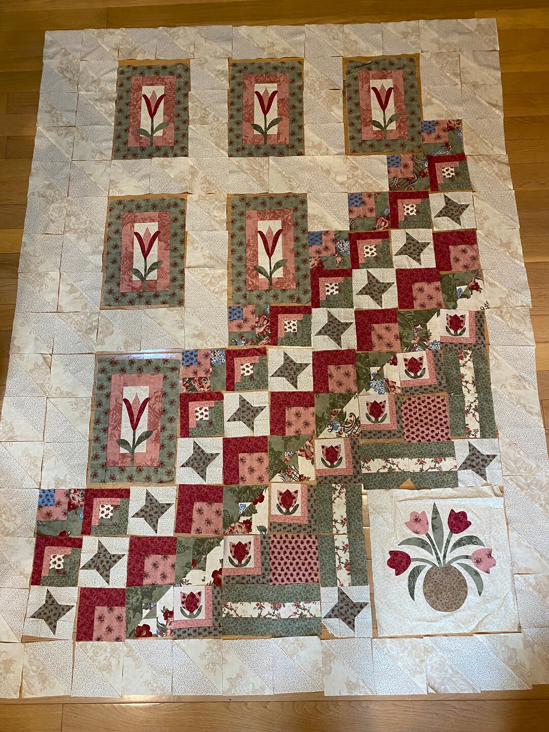 Pieced Promise of Spring Floral Quilt Top Kit Muted Green Pink Block ...