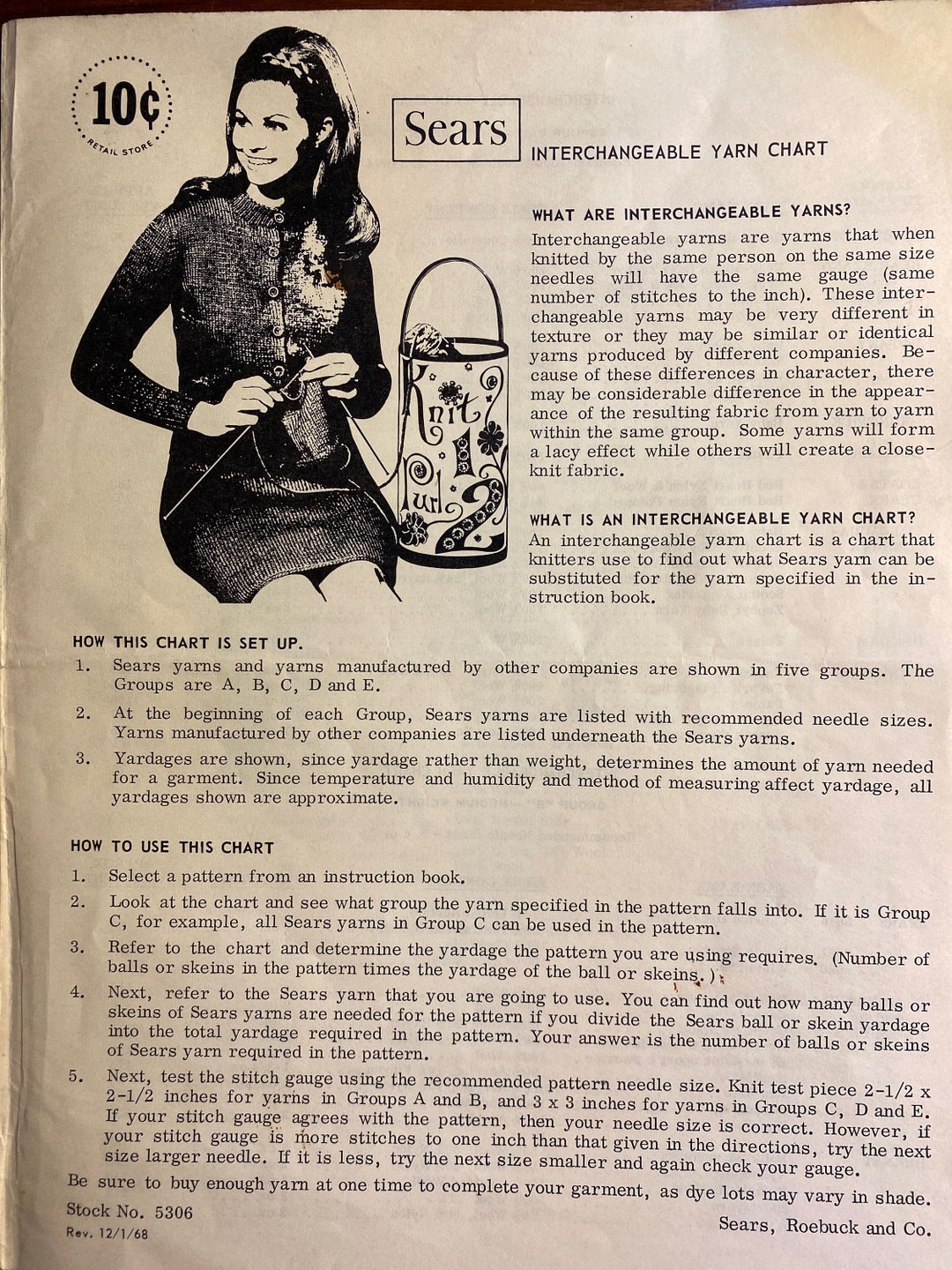 Interchangeable Yarn Chart - Vintage 1968 - Sears - List of Yarns by ...