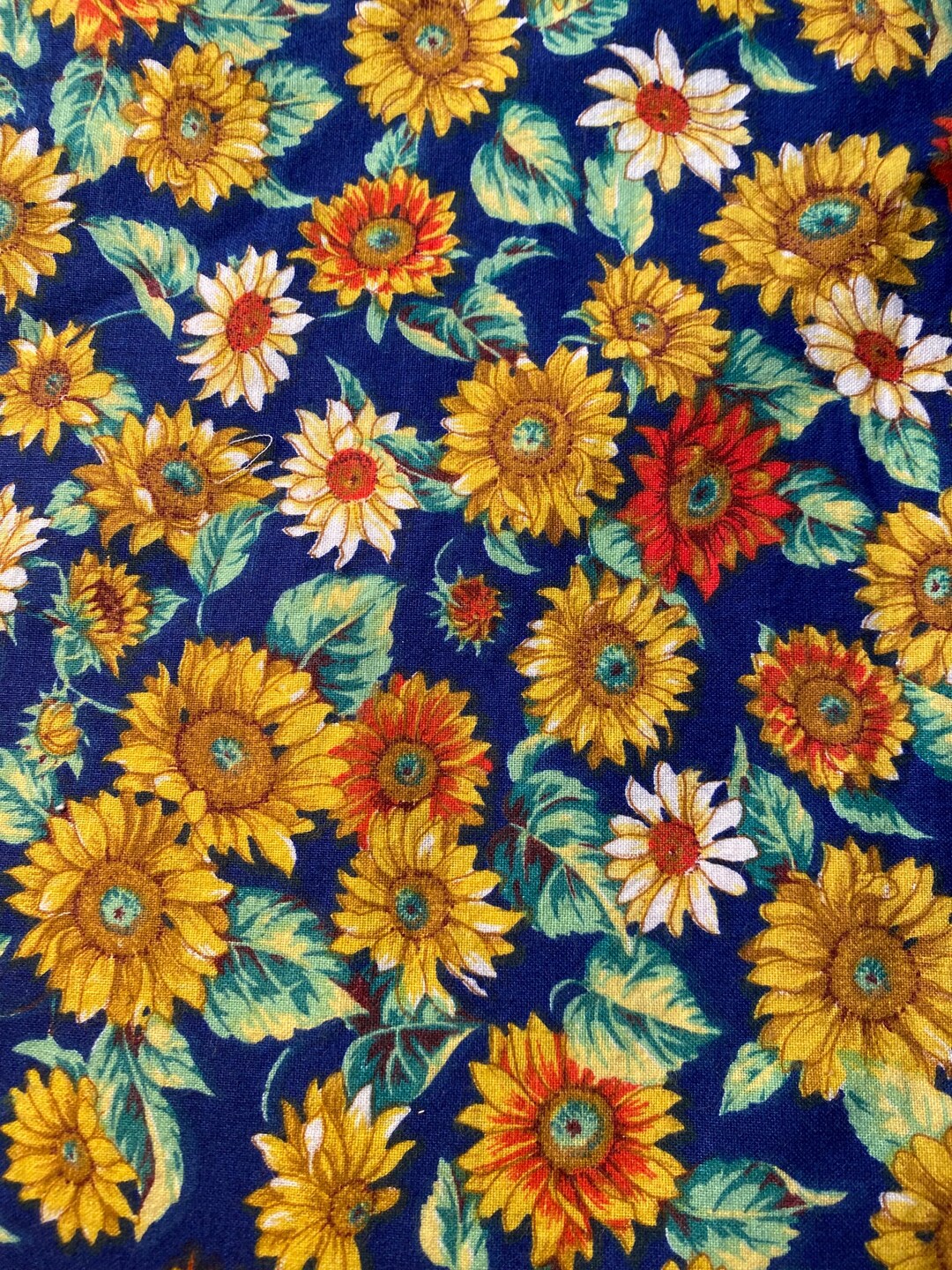Sunflower Print Fabric Blue Background With Yellow Flowers - 19"+ X 44 ...