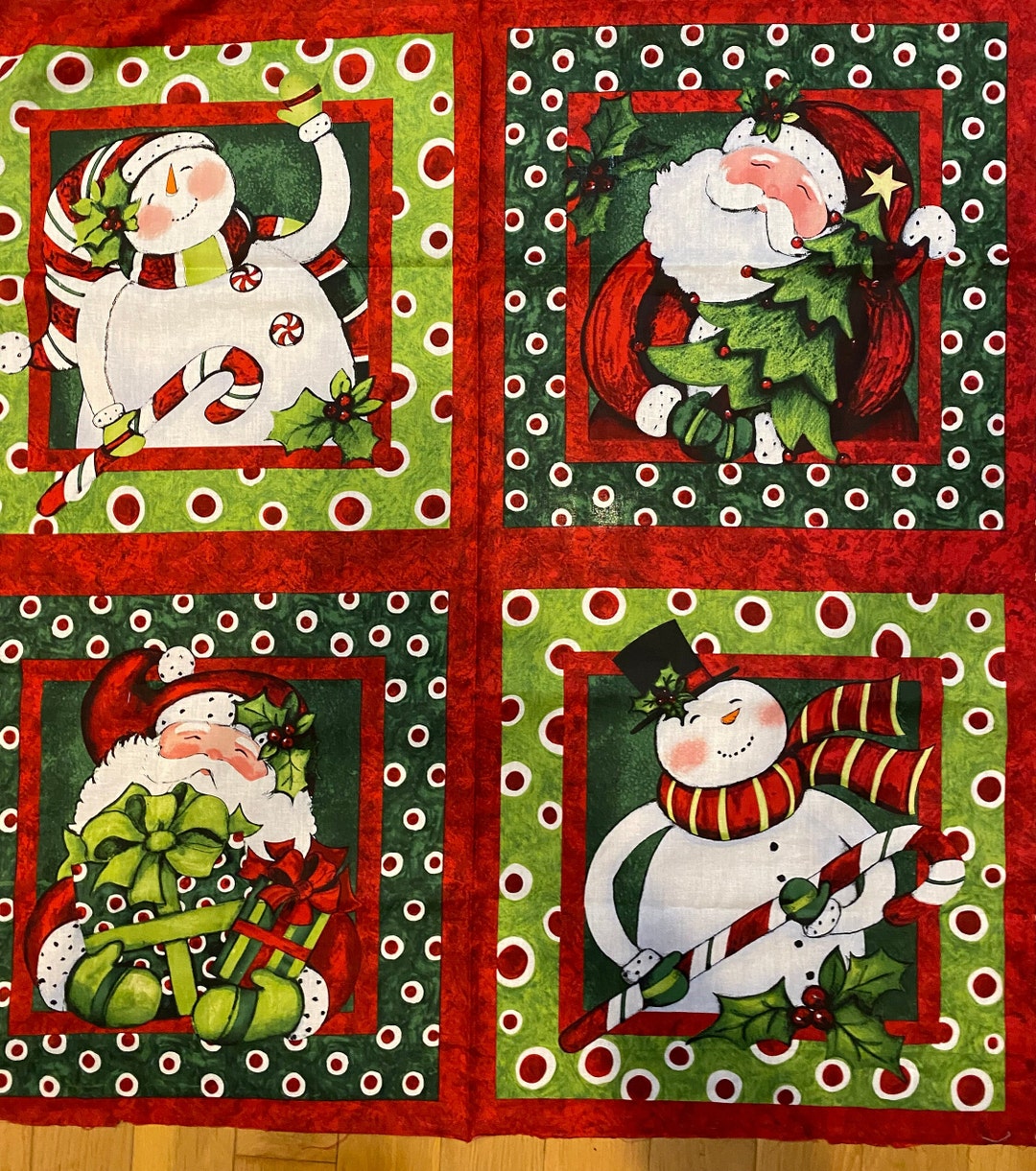 Santa & SNOWMAN Christmas Fabric PANEL, 4 Squares Ready to Sew Into a ...