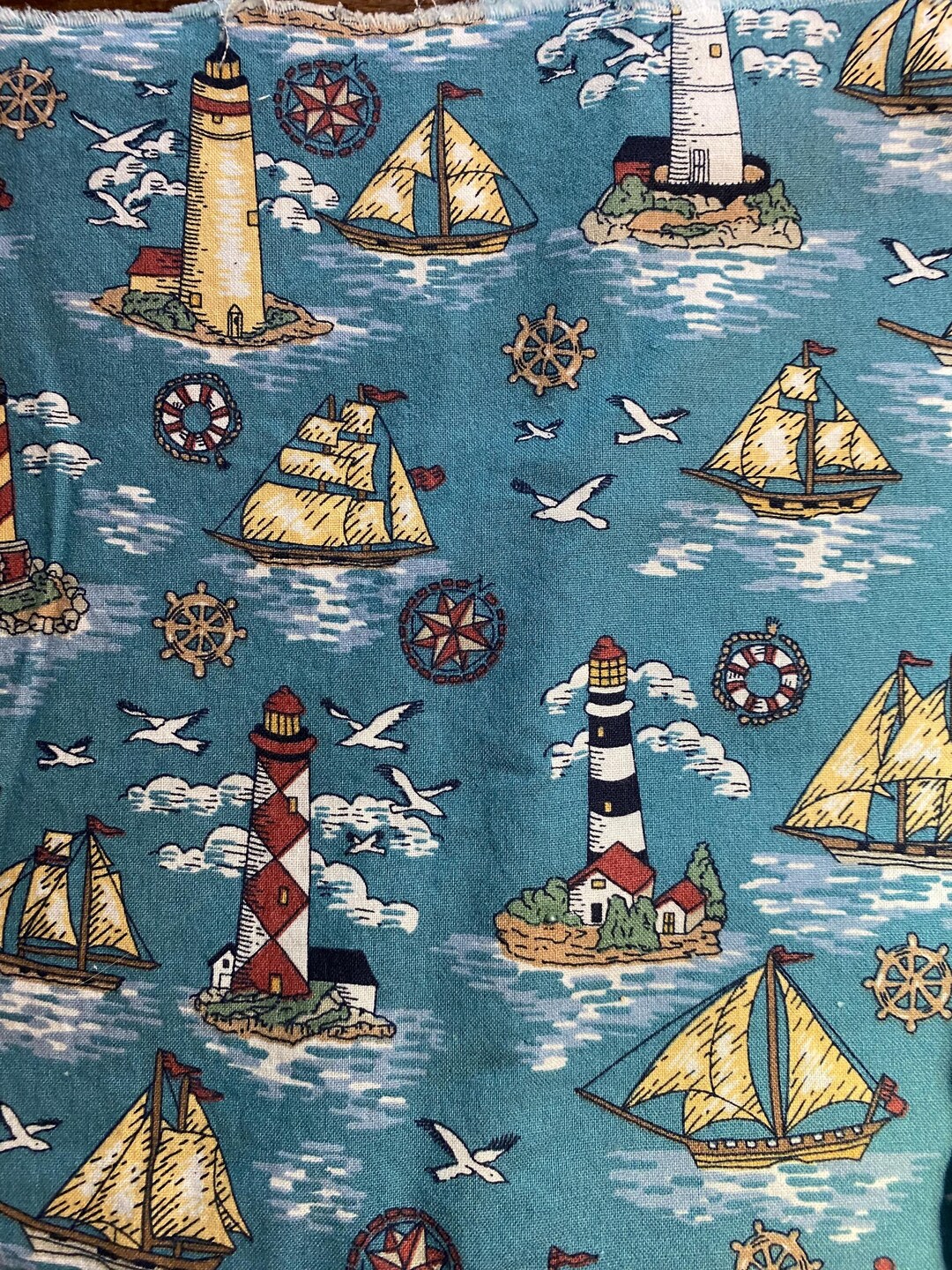 Lighthouses / Sailboats Nautical Theme Fabric - Blue Background With ...