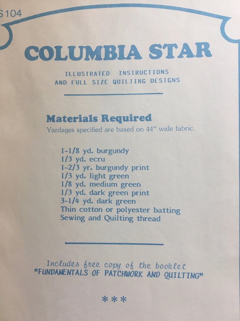 Columbia Star Quilt Pattern - Quilt Block Pattern - 48" X 52" and 46 ...