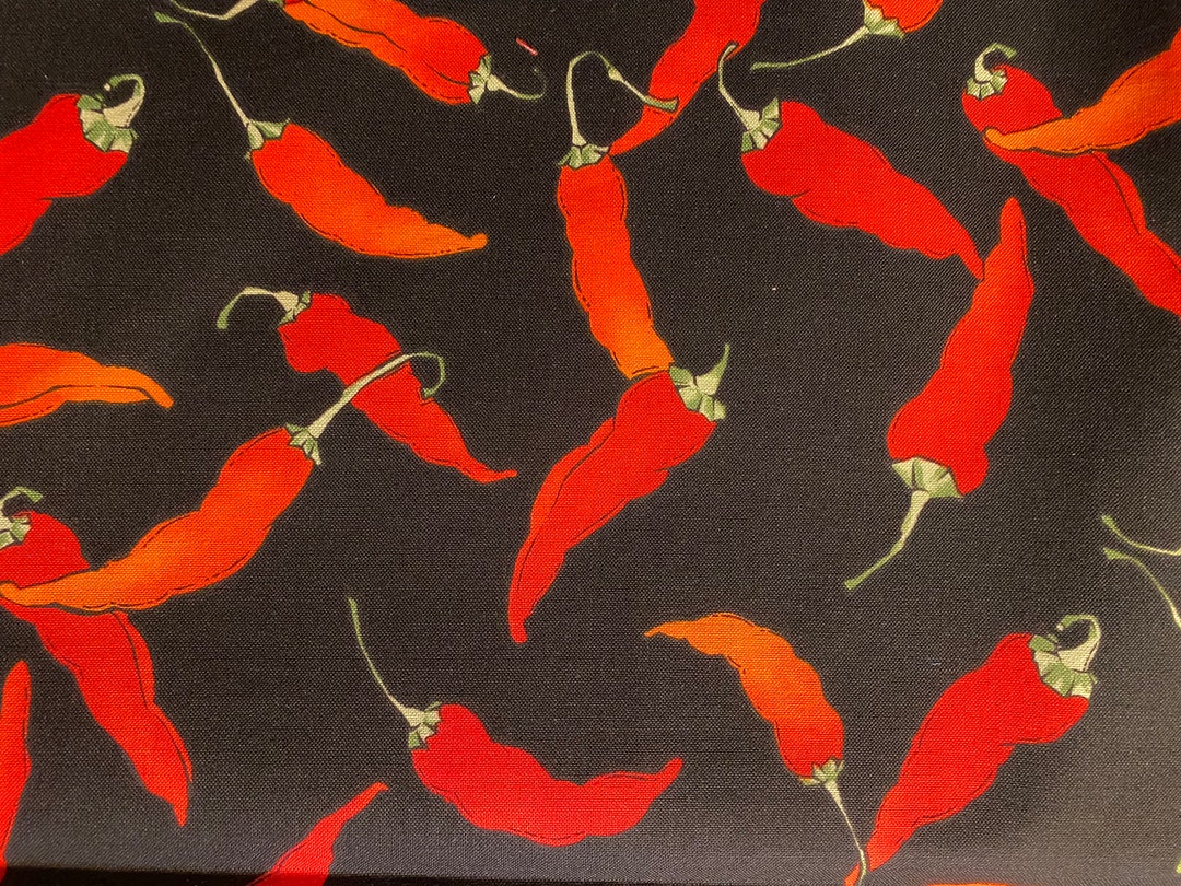 A Small Bit Piece of Fabric Black With Red Chile Peppers Chiles ...