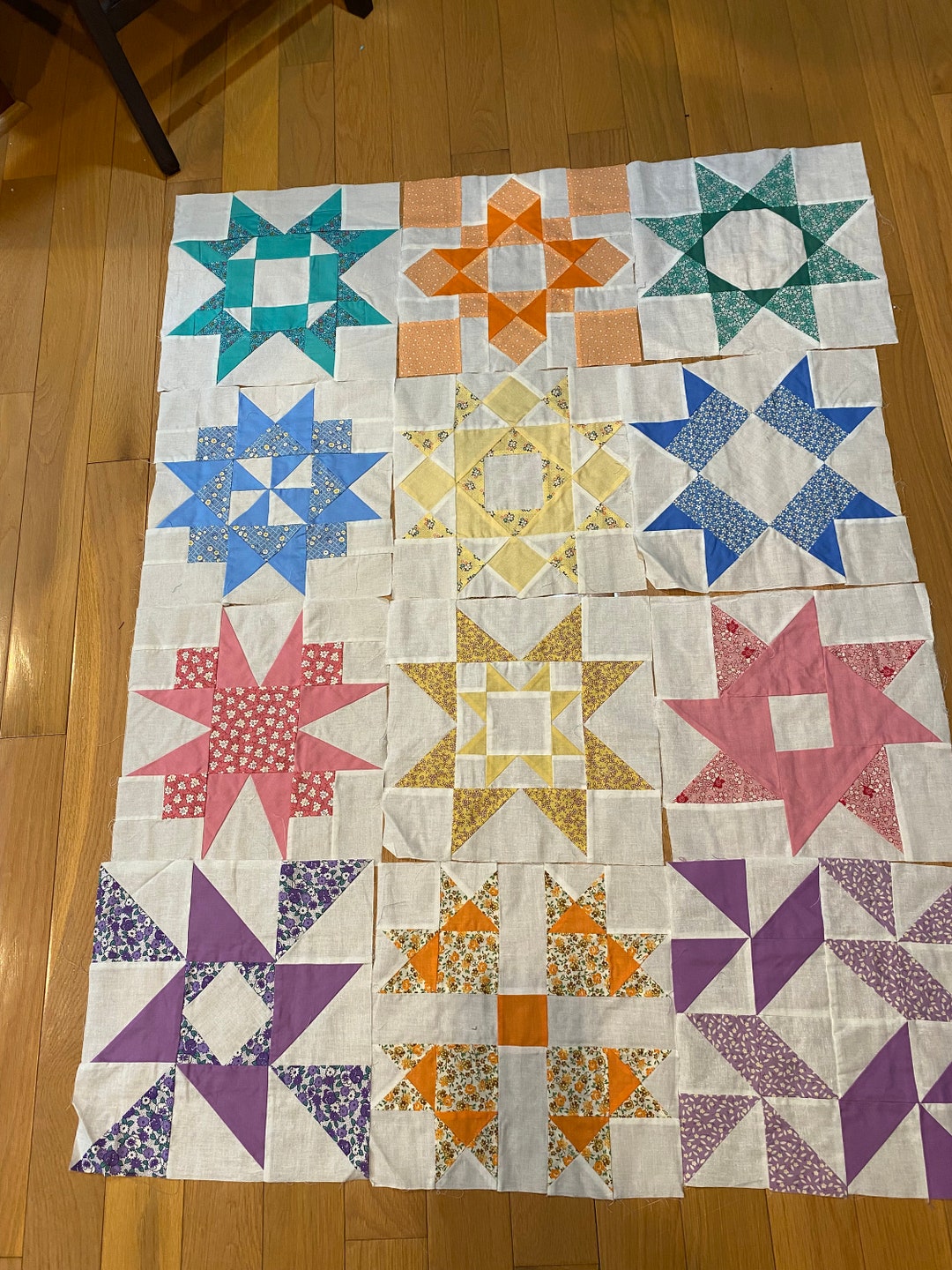 Star Sequence - 12 Quilt Pieced Fabric Blocks 12" Square Beige ...