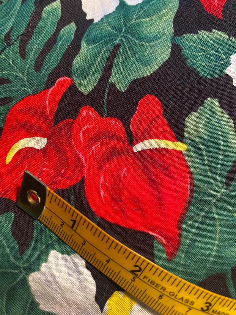 Bright Red Anthurium Flower Print Fabric on Black Background - 35" Long ...