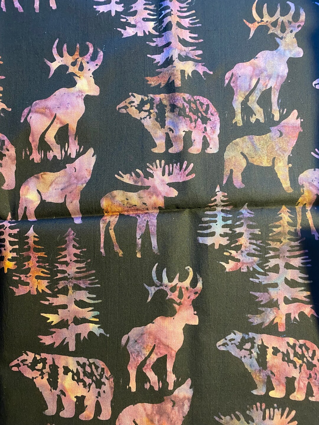 Batik Forest Animals Black & Washed Purple Small Bit Fabric -print With ...