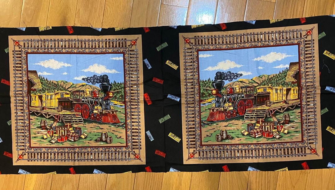 Locomotive Train Fabric PANEL, 2 Ready to Sew Pillows or Quilt Blocks ...