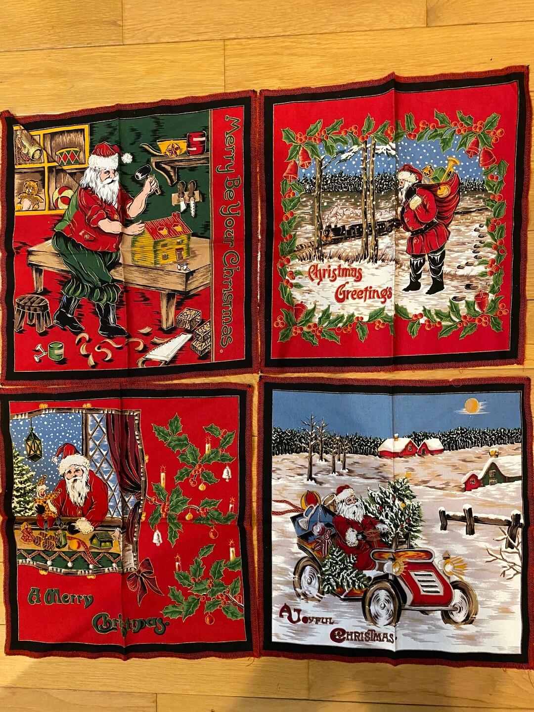 Country Santa Claus Christmas Fabric Panels to Sew, 4 - 13" X 13" Ready ...