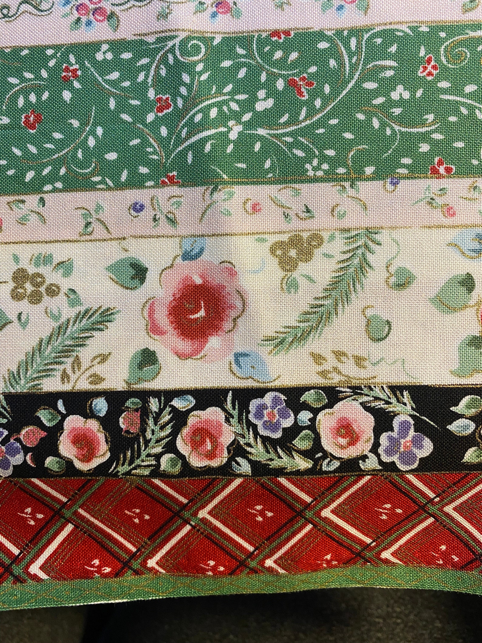 Holidays in Paris Fabric Floral Border Stripe - Red / White / Green ...