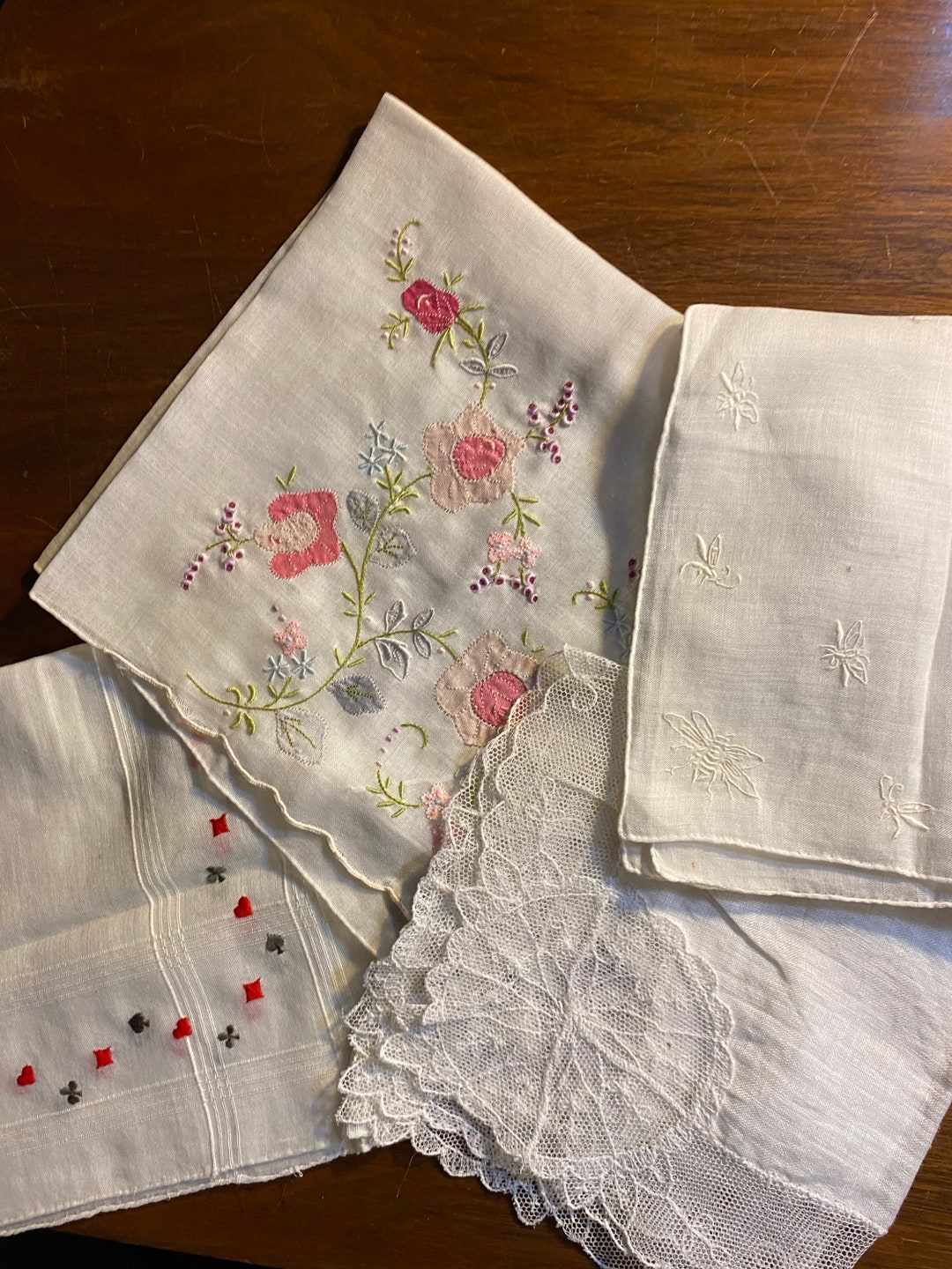 Choose A Handkerchief Vintage - White Cotton 1) Card Suits 2) Lace ...