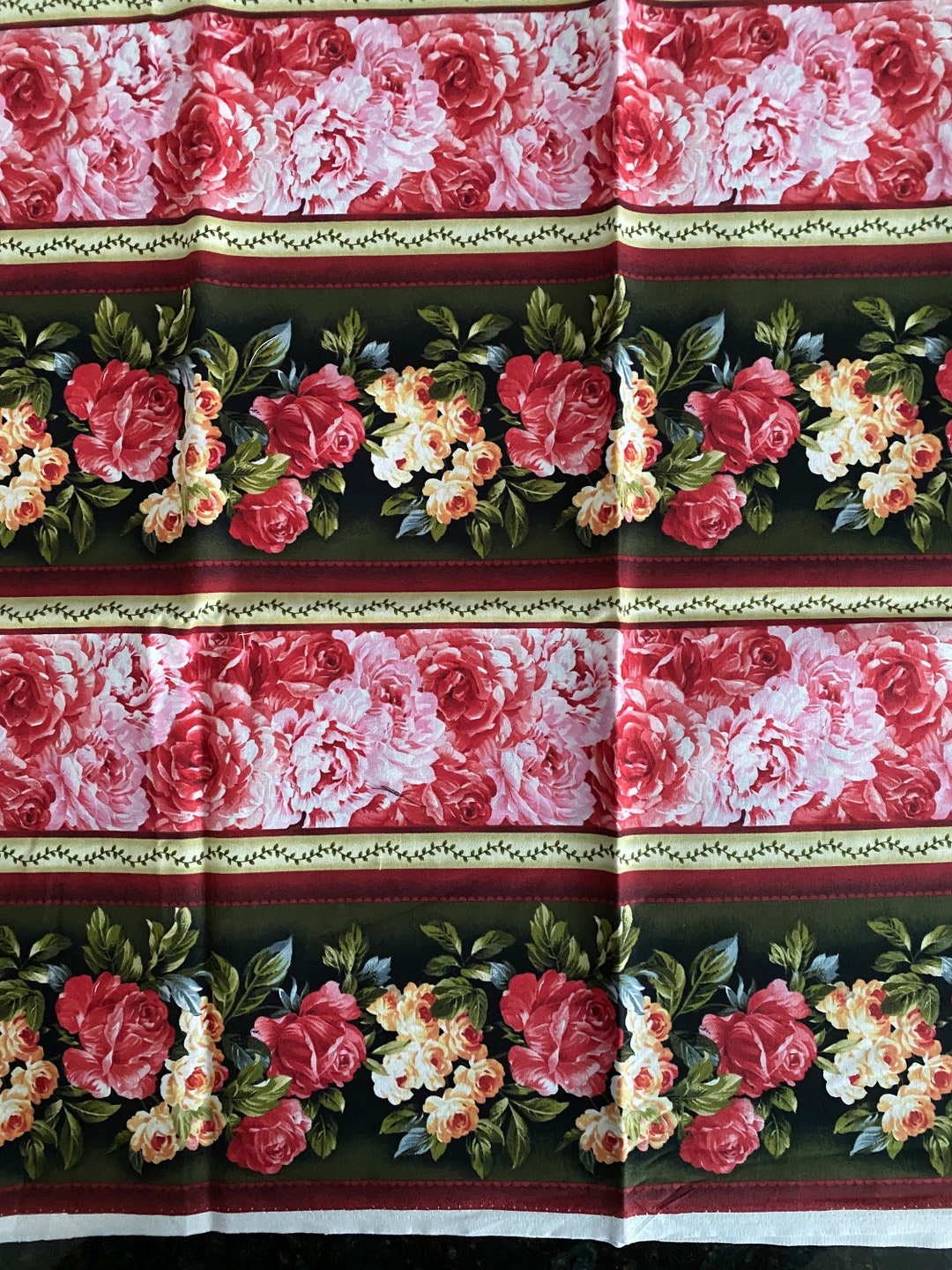 Fabric Floral Vignette Border Stripe Print - Pink / Green Background ...