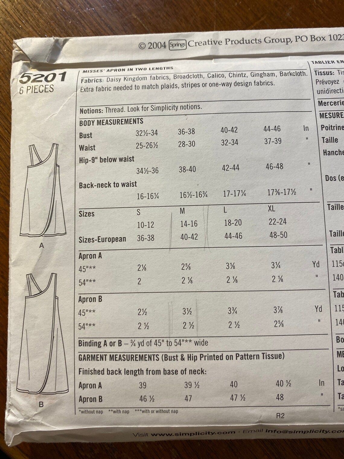 Daisy Kingdom Wrap Full Cover Apron Simplicity 5201 Pattern. Uncut Size ...