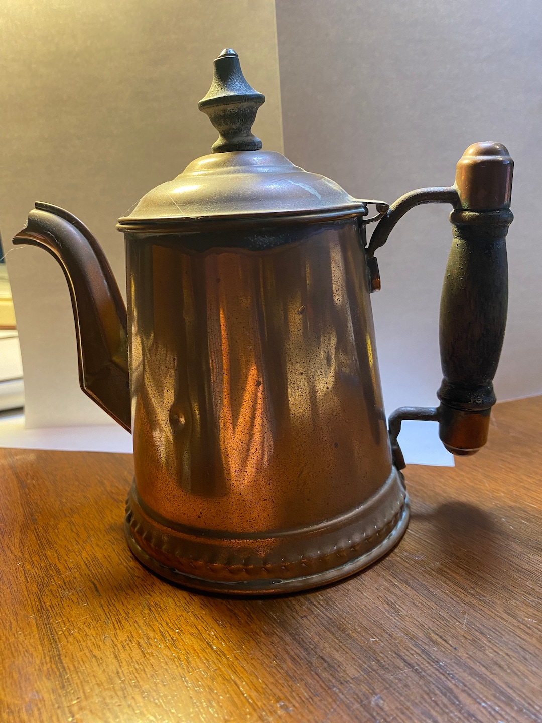 Vintage Copper Tea Pot, Single Serve Size, Attached Lid - Handle - 6 ...