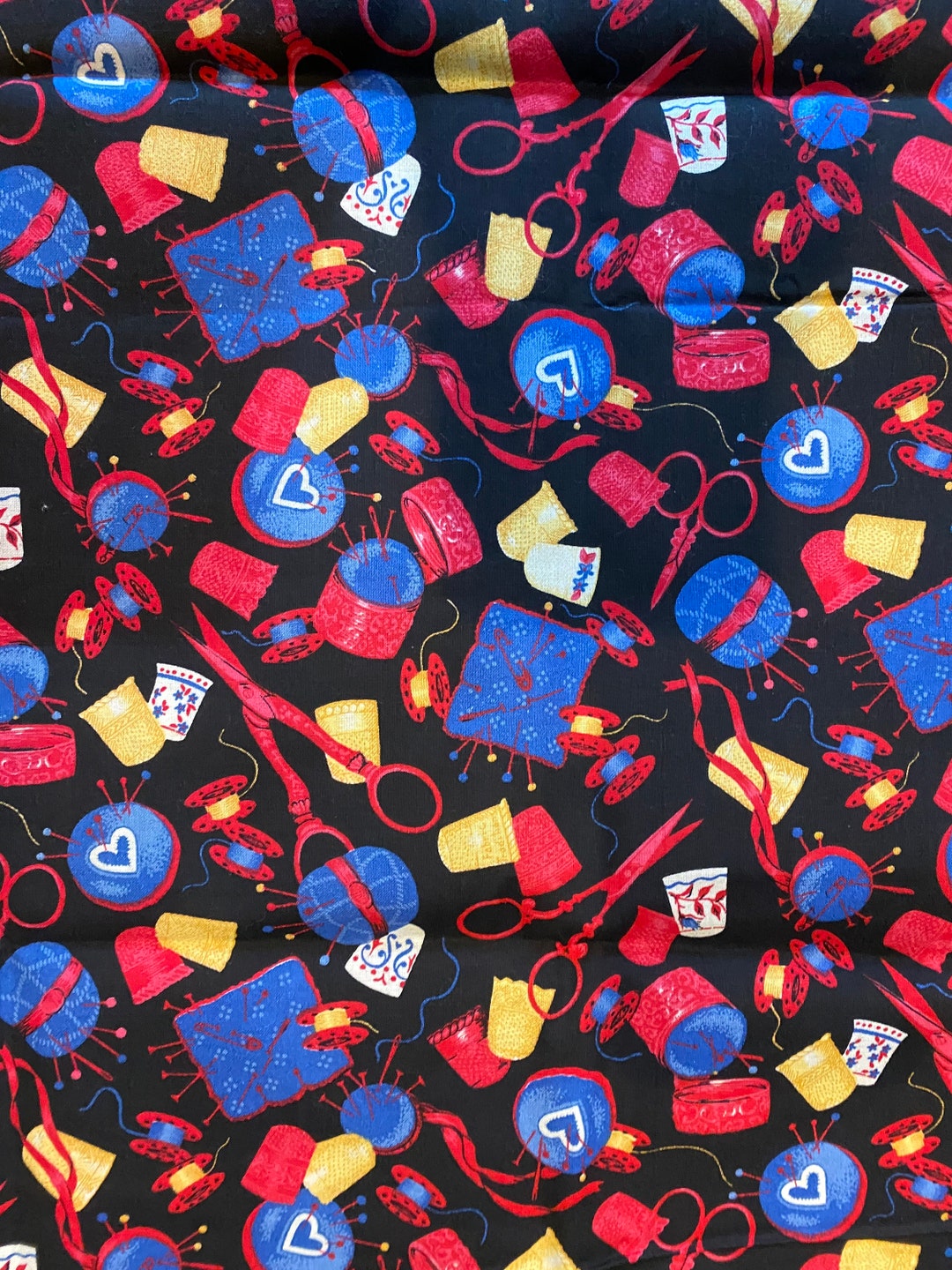 Black Background With Sewing Notions Thimbles Scissors Etc Fabric - 1 ...