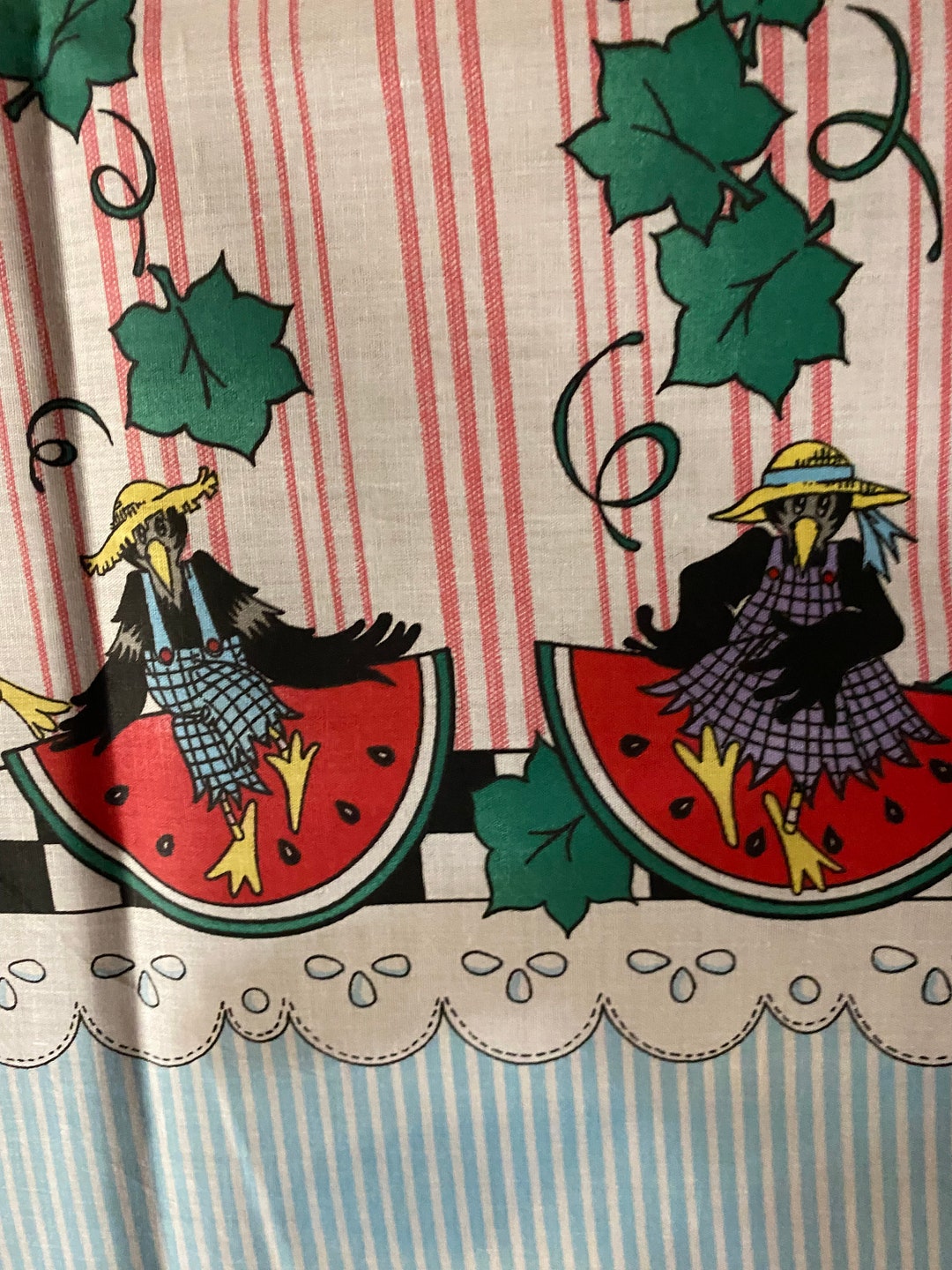 Black Crow / Watermelon Border Print Daisy Kingdom 36 Long X 44 Wide Green Vines on Pink / White ...