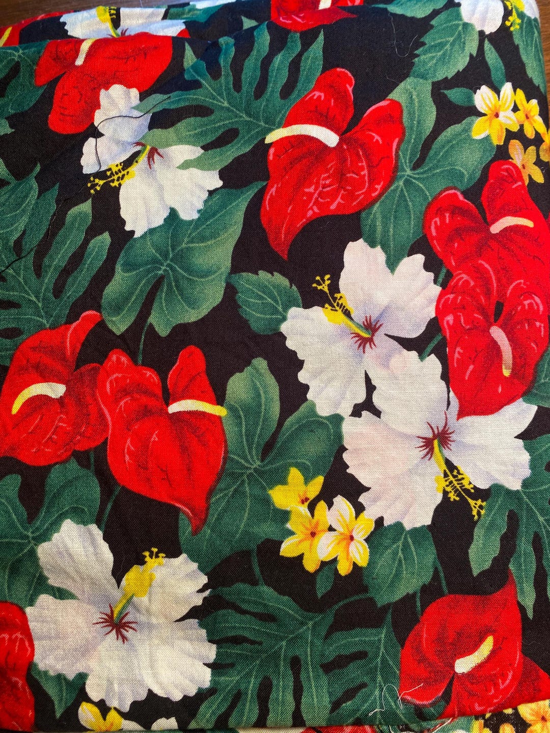 Bright Red Anthurium Flower Print Fabric on Black Background - 35" Long ...