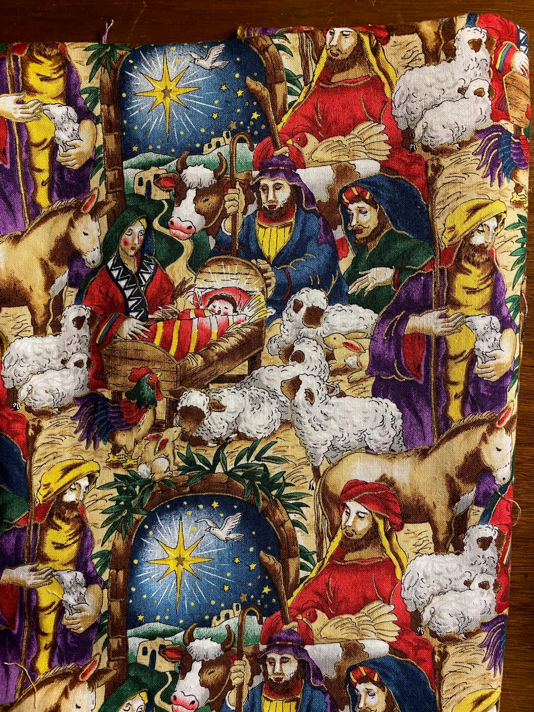Christmas Nativity / Manger Fabric Red / Green / White on a Red/beige ...