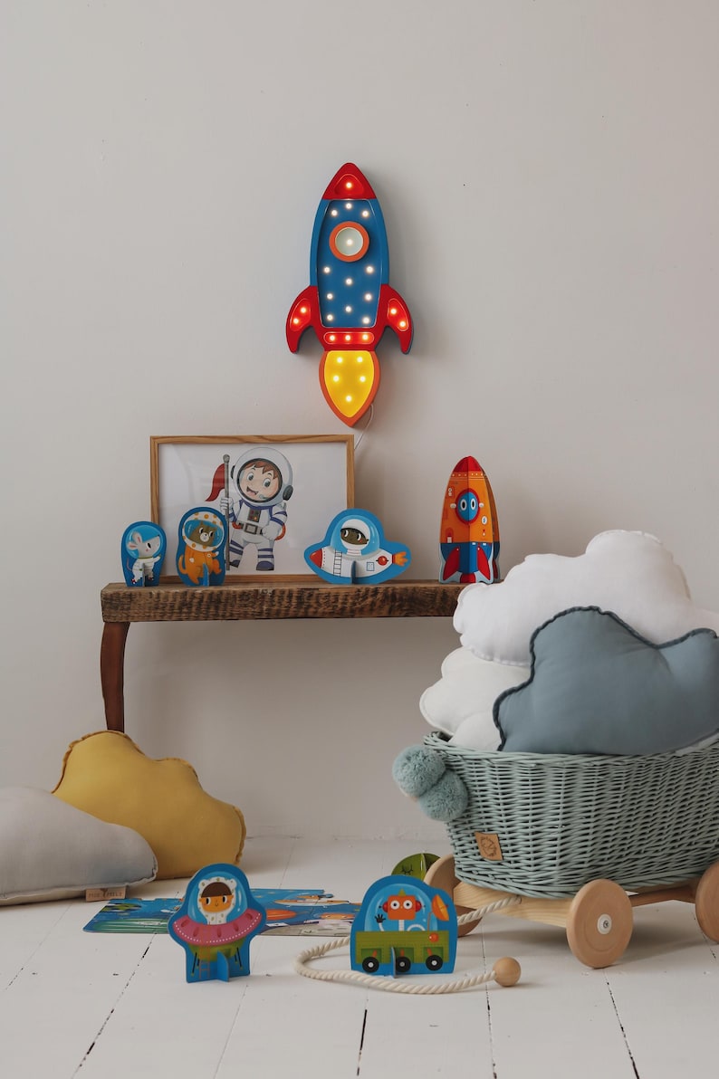 Wooden Space Rocket Night Light Little Astronaut Kids Room Space Theme ...
