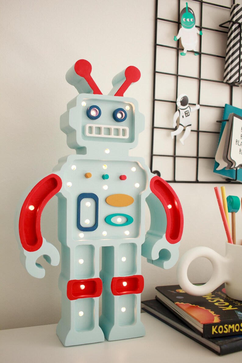 Little Lights Wooden Robot Lamp – Handmade LED Night Light for Kids ...
