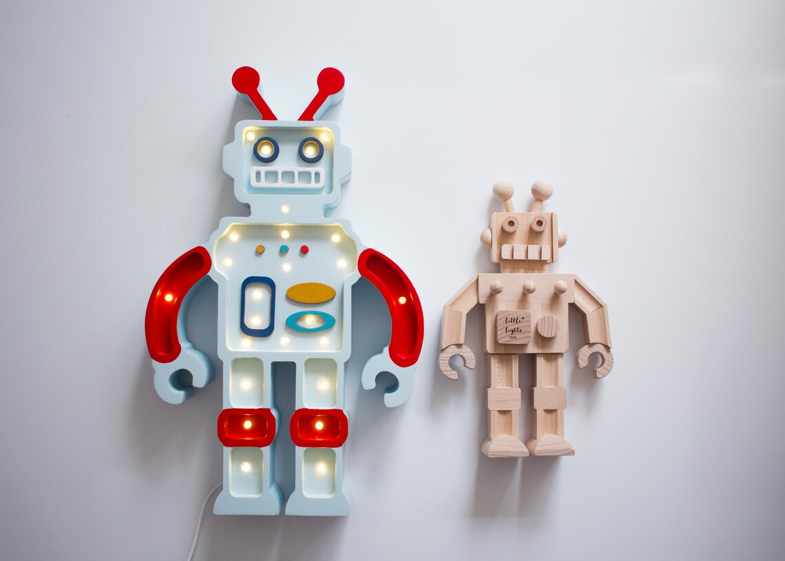 Little Lights Wooden Robot Lamp – Handmade LED Night Light for Kids ...