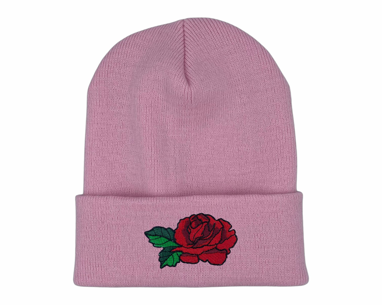 Red Rose Embroidered Winter Hat, Rose Embroidery Beanie, Cuffed Knit ...