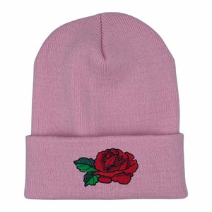 Red Rose Embroidered Winter Hat, Rose Embroidery Beanie, Cuffed Knit ...