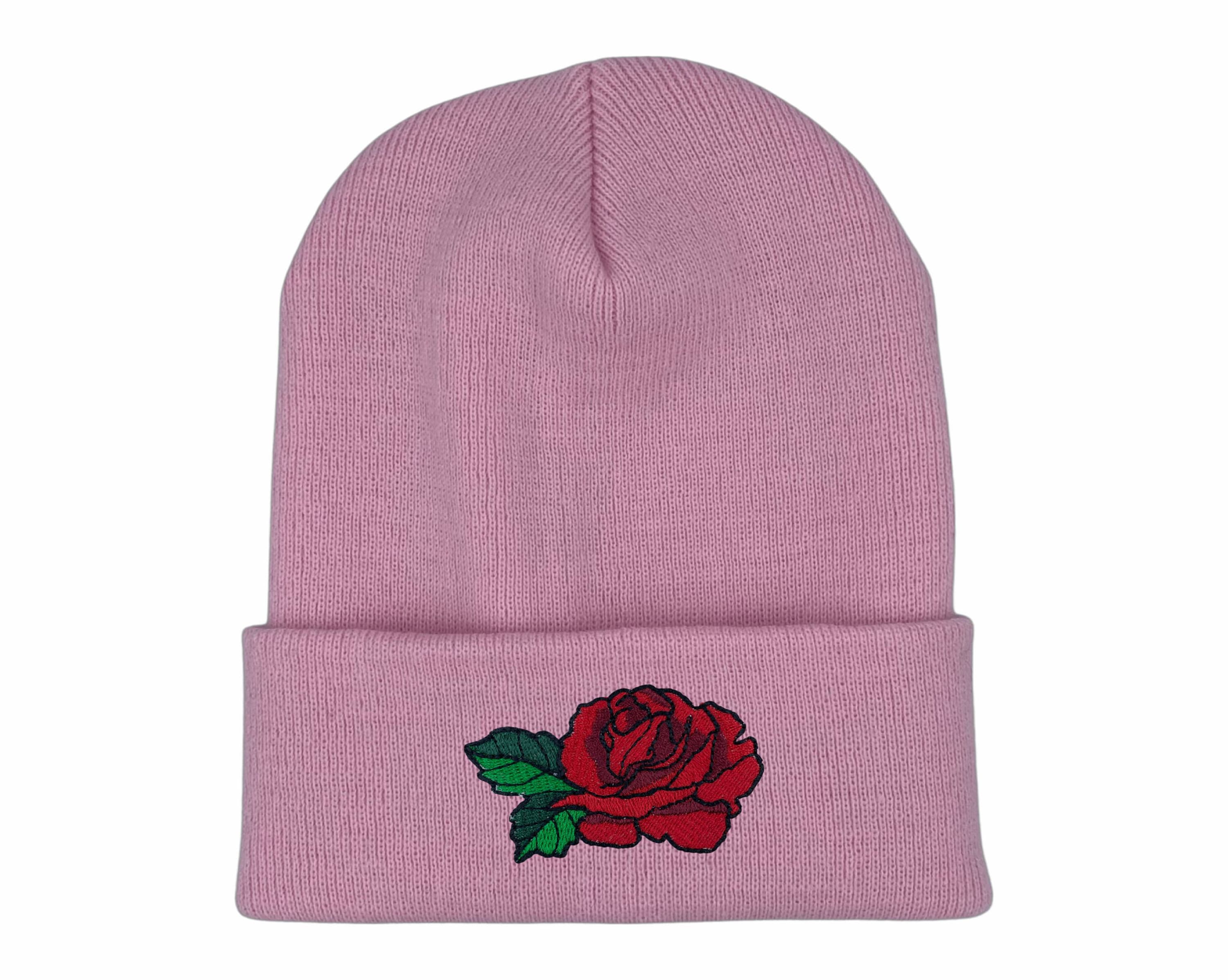 Red Rose Embroidered Winter Hat, Rose Embroidery Beanie, Cuffed Knit ...