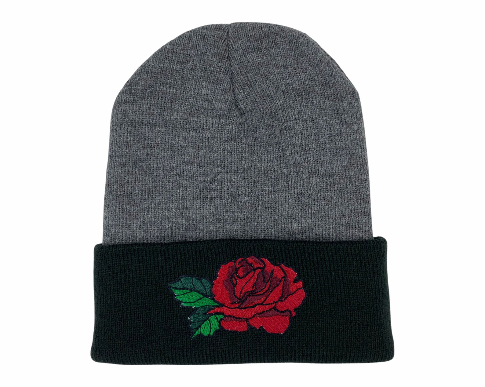 Red Rose Embroidered Winter Hat, Rose Embroidery Beanie, Cuffed Knit ...