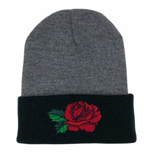 Red Rose Embroidered Winter Hat, Rose Embroidery Beanie, Cuffed Knit ...