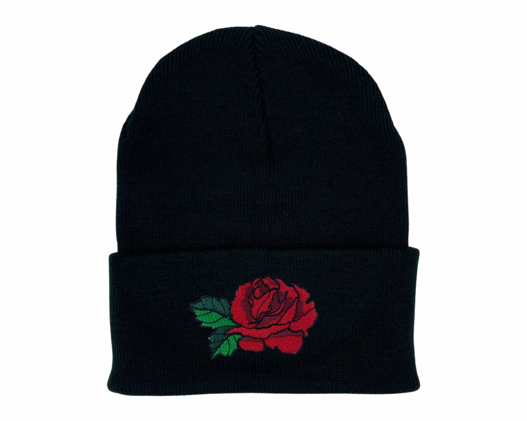 Red Rose Embroidered Winter Hat, Rose Embroidery Beanie, Cuffed Knit ...