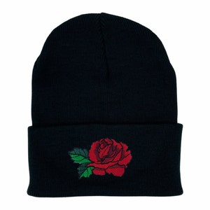 Red Rose Embroidered Winter Hat, Rose Embroidery Beanie, Cuffed Knit ...