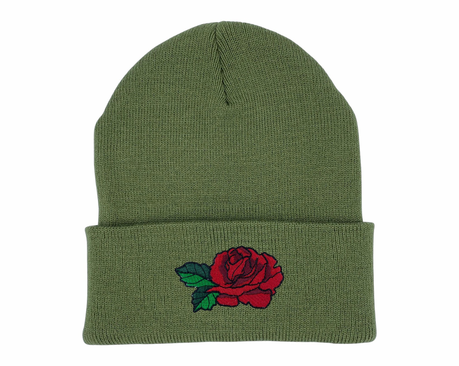 Red Rose Embroidered Winter Hat, Rose Embroidery Beanie, Cuffed Knit ...
