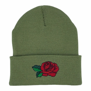Red Rose Embroidered Winter Hat, Rose Embroidery Beanie, Cuffed Knit ...