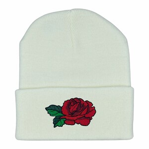 Red Rose Embroidered Winter Hat, Rose Embroidery Beanie, Cuffed Knit ...