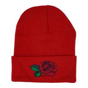 Red Rose Embroidered Winter Hat, Rose Embroidery Beanie, Cuffed Knit ...