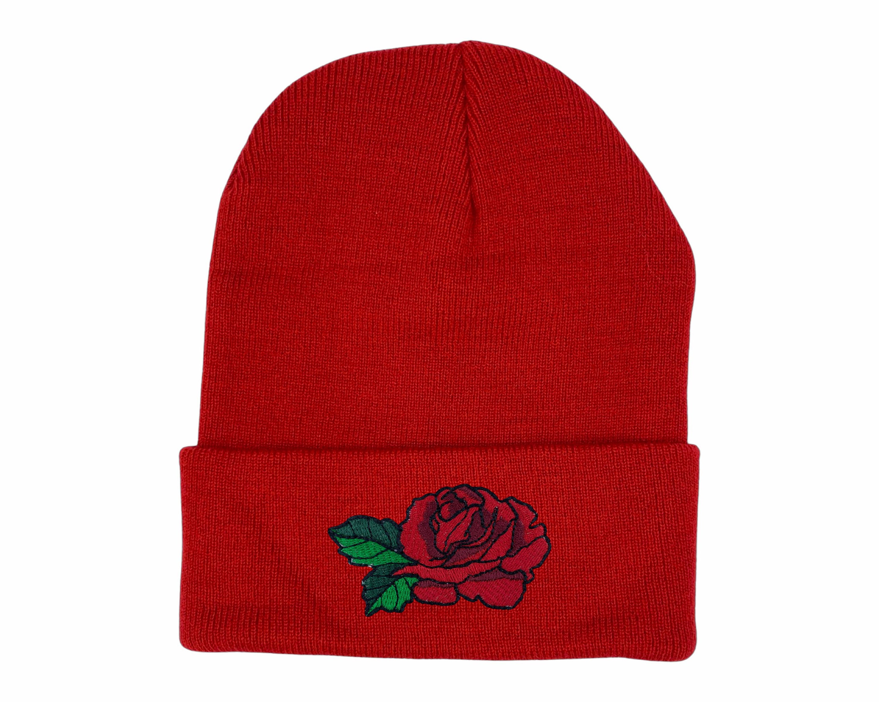 Red Rose Embroidered Winter Hat, Rose Embroidery Beanie, Cuffed Knit ...